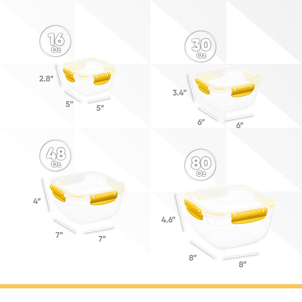Superio Plastic Airtight Food Storage Containers, Set of 4 Sealed Clear Container Bowls with Lids, BPA Free, Rectangular, Yellow