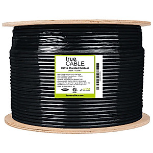 trueCABLE Cat5e Outdoor, Shielded F/UTP, 1000ft, UV Resistant, CMX Rated, Black, 24AWG Solid Bare Copper, 350MHz, PoE++ (4PPoE), ETL Listed, Bulk Ethernet Cable