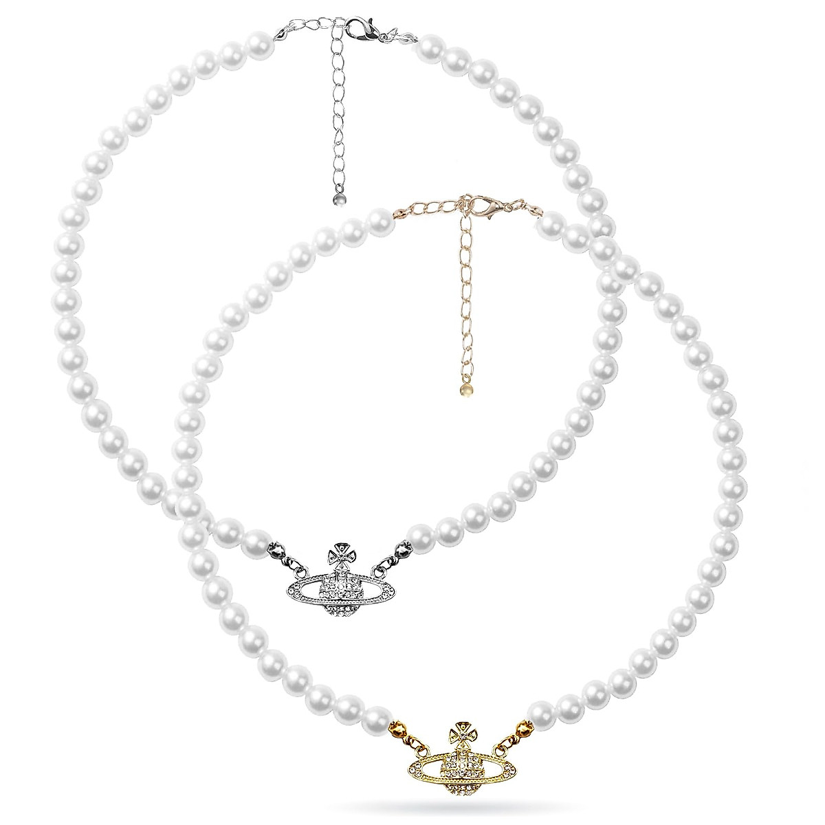 2PCS Saturn Artificial Rhinestone Pearl Necklace Set White Crystal Jewelry Lady Charm Lady Girlfriend Wedding Birthday Anniversary