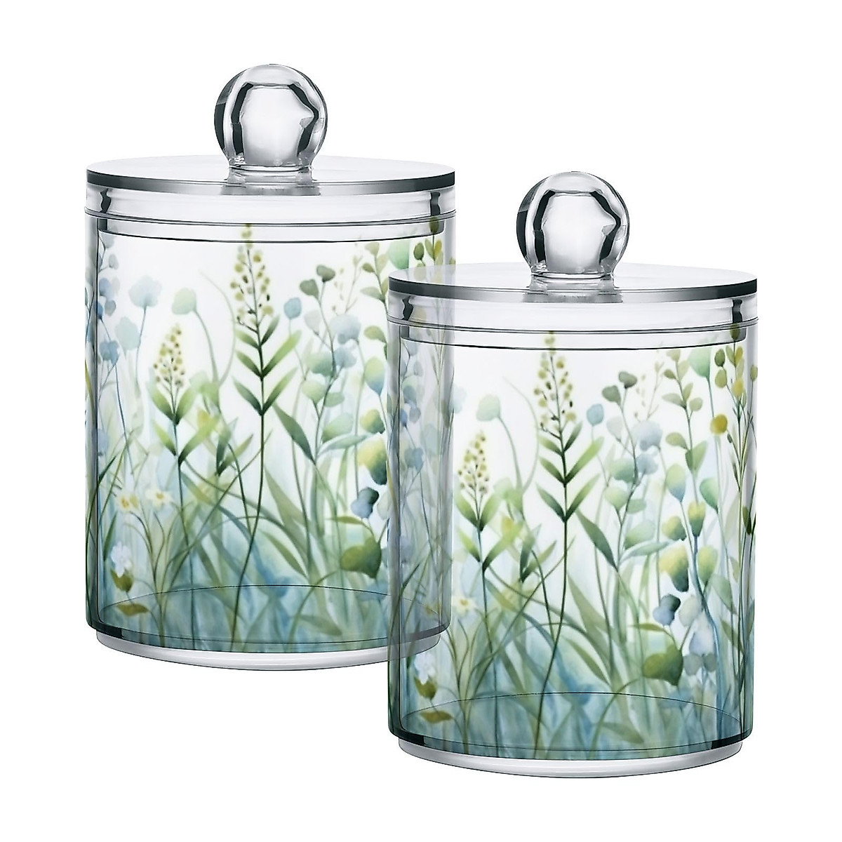 YETTASBIN Green Leaves Clear Plastic Apothecary Jars 4 Pack, 14 oz Qtip Holder Dispenser with Lid, Clear Bathroom Storage Canister for Cotton Ball, Cotton Swab, g337490891p746c790s1725