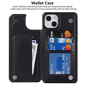 iCoverCase for iPhone 14 Plus Case with Card Holder, iPhone 14 Plus Wallet Case for Women with Strap [RFID Blocking] Embossed Leather Kickstand Phone Case for iPhone 14 Plus 6.7 Inch (Heart Black)