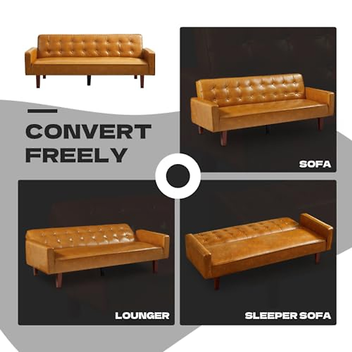 Homies Life Faux Leather Futon Couch, Mid Century Modern Futon Sofa with Memory Foam, Convertible Futon Sofa Bed for Small Spaces, Living Room, Office, Brown