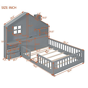 MERITLINE Full Size Montessori Floor Bed with Rails, Wood Platform Bed Full House Bed with Window and Bedside Drawers, Kids Full Bed Frame with Shelves and a Set of Sockets and USB Port - Grey