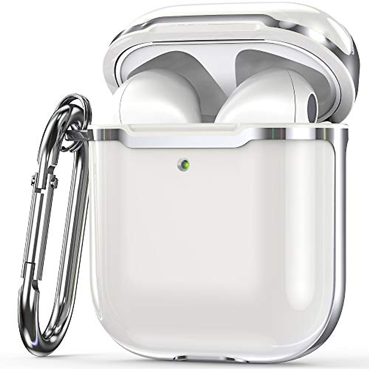KIQ Armor for AirPods Case Cover Hard Protective Cover w/Keychain for Women Men for Apple AirPods 2nd Generation Case AirPod Case 1st Generation Air Pod Silver Trim - White