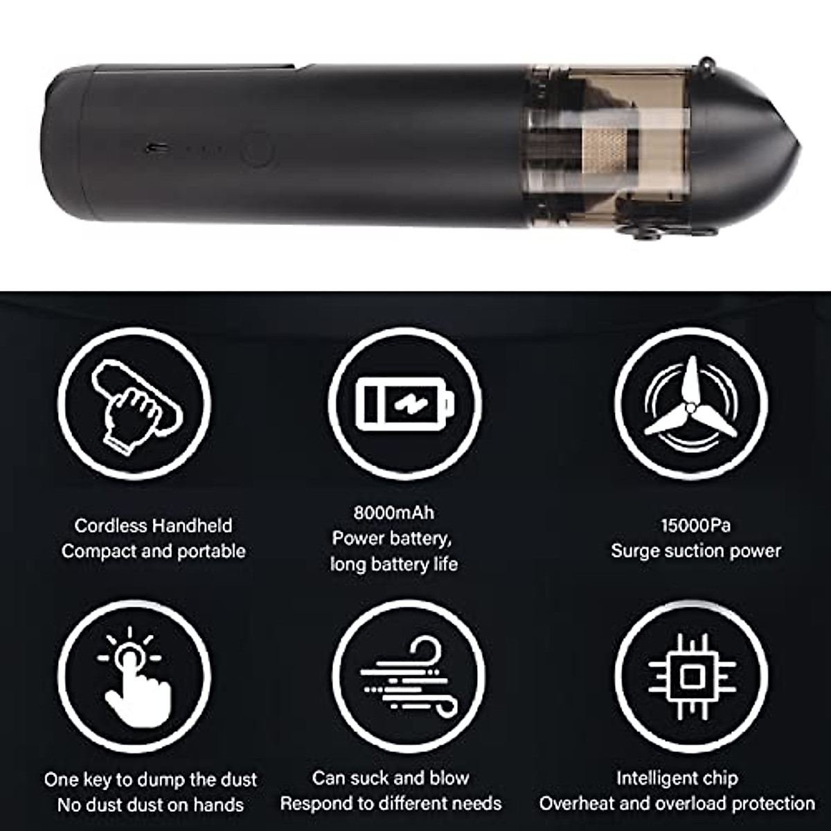 Aqur2020 Car Vacuum Cleaner, Vacuum Cleaner 69000rpm 15000Pa 2 Levels Paper Cleaning Mode (Black)