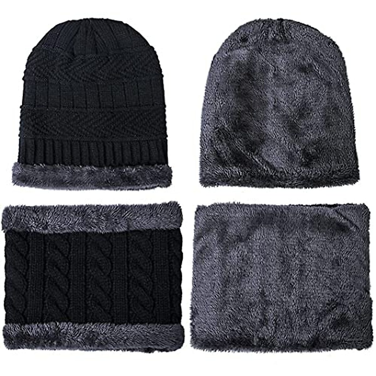 Men Women Beanie Hats - Black Beanie and Scarf Sets Knit Hat Fleece Lined Warm Beanies Ski Cap Snow Hats Unisex Bennies for Man Woman Thick Soft Fabric Hat and Scarf Set Stocking Stuffers