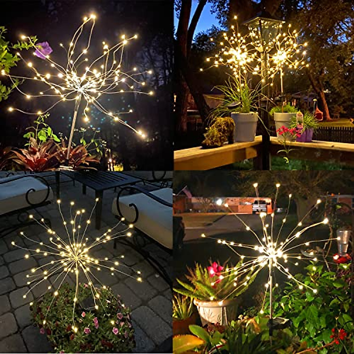 JJGoo Outdoor Solar Garden Lights, 2 Pack 120 LEDs 2 Lighting Modes Waterproof Fireworks Light for Outdoor Patio Walkway Pathway Decorative - Warm White