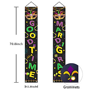 Mardi Gras Porch Sign, Mardi Gras and Good Time Roll Welcome Sign Hanging Banner for Indoor Outdoor Masquerade Party Supplies