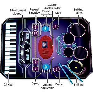 QShark 2 in 1 Kids Music Learning Toys for Boys Girls, Drum Set + Piano Mat | Record & Playback, Built-in Songs, 8 Instrument Sounds, 24 Keys, Christmas Birthday Gifts for Toddler 3 4 5 6 7 8 Years