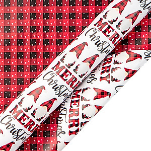 LeZakaa Reversible Christmas Wrapping Paper - Jumbo Roll - Gnome & Buffalo Plaid - 30 inches x 100 Feet (250 sq.ft.)