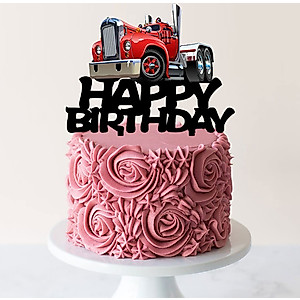 Heavy Truck Cake Topper Black Acrylic Transportation Theme Birthday Supplies, Heavy Truck Happy Birthday Cake Topper for Kid's Boy's Men' Birthday Party Decorations（Red）