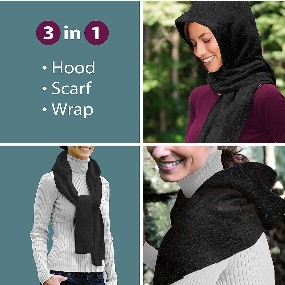 35° BELOW Marled Hooded Multiuse Head Scarf Neck Wrap for Women, Winter Scarf for Women, Black
