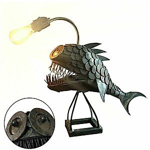 Creative Rustic USB Angler Fish Lamp Shark Lamp Handmade Unique Lamp LED Light,Floor-Standing USB Interface Retro Art Table Lamps (Large)