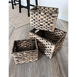 Decocoon Wicker Baskets 3 Pack, Rectangular Basket, Rattan Storage Basket, Wicker Basket with Handle, Wicker Storage Basket, Pantry Baskets Storage, Woven Baskets for Storage, Seagrass Storage Baskets