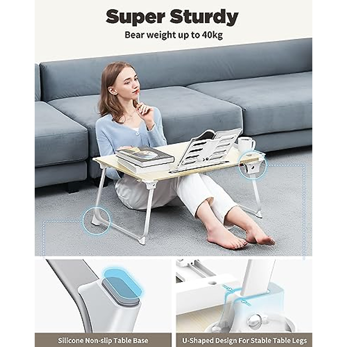 SAIJI Folding Bed Desk for Laptop, Eating Breakfast, Writing, Gaming, Extra Large 25.6" x 19.3" Portable Floor Stand Laptop Desk Table for Adult,Kids, Wood Bed Tray Table Lap Desk