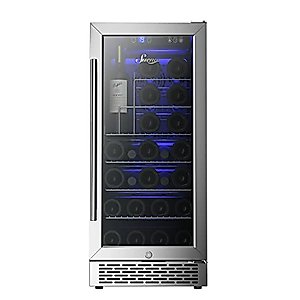 SUENO 15 Inch Built-In/Freestanding 32 Bottles or 96 Cans Wine Cellar And Beverage Fridge Smart Control Stainless Steel Mirror Glass Door W/Lock EFC-ZFA88 Compressor Wine Cooler Refrigerator