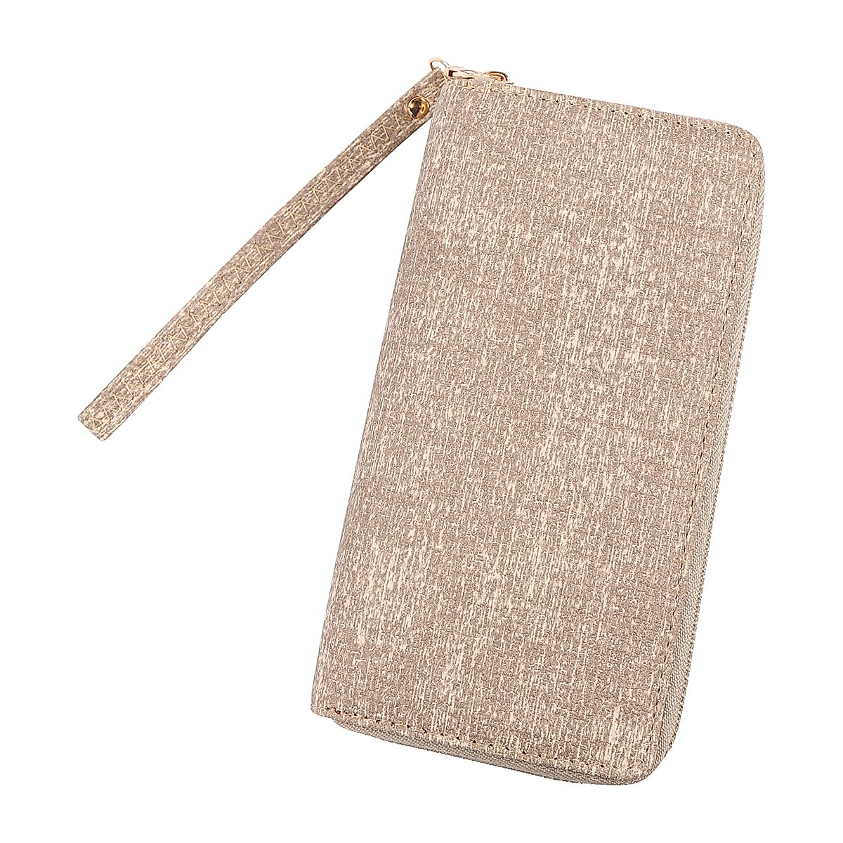 Classic Leatherette Zip Around Wallet - Vegan Leather Zipper Clutch Purse Coin Card Slots, Removable Wristlet (Double Zip Wristlet - Textured Light Brown)