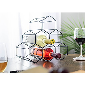 NAT & Jules Honeycomb Black Iron Metal Tabletop Wine Rack - Perfect for Kitchen Countertop, Pantry or Cabinets Display or Storage - Hold 6 Bottles, Black