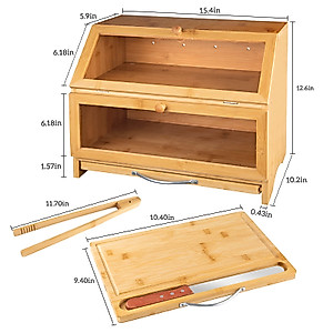 Vrullu Bread Box for Kitchen Countertop, Bamboo Bread Container with Double Layer, Large Capacity Bread Storage with Acrylic Doors, Cutting Board and Stainless Steel Bread Knife