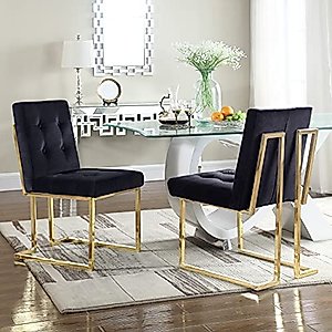 Iconic Home Liam Contemporary Brass Metal Frame Modern Tufted Velvet Polished Dining Side Chair, Black (Set Of 2)
