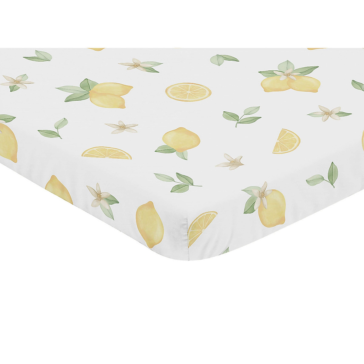 Sweet Jojo Designs Lemon Floral Girl Fitted Mini Crib Sheet Baby Nursery For Portable Crib Pack and Play Yellow Green Beige White Watercolor Boho Bohemian Farmhouse Fruit Flower Blossom Botanical Leaf
