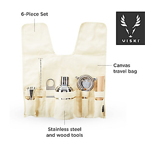 Viski Travel Bartender Kit 6pc Set, Drink Mixers for Cocktails Gift Essentials: Classic Cobbler Shaker, Hawthorne Strainer, Bottle Opener, Jigger, Barspoon, Muddler & Canvas Carry Bag