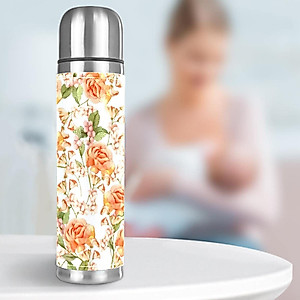 Stainless Steel Leather Vacuum Insulated Mug Flower Thermos Water Bottle for Hot and Cold Drinks Kids Adults 16 Oz