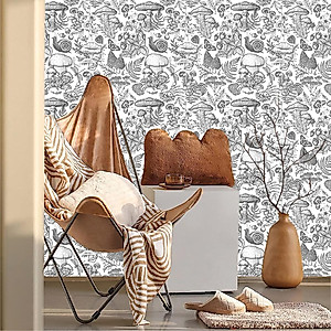 BEETAL Black and White Boho Mushroom Snail Peel and Stick Wallpaper Modern Esay Peel Off Contact Paper Vintage Self Adhesive Removable Stick on Wall Paper for Kitchen Cabinet Furniture Renter Friendly