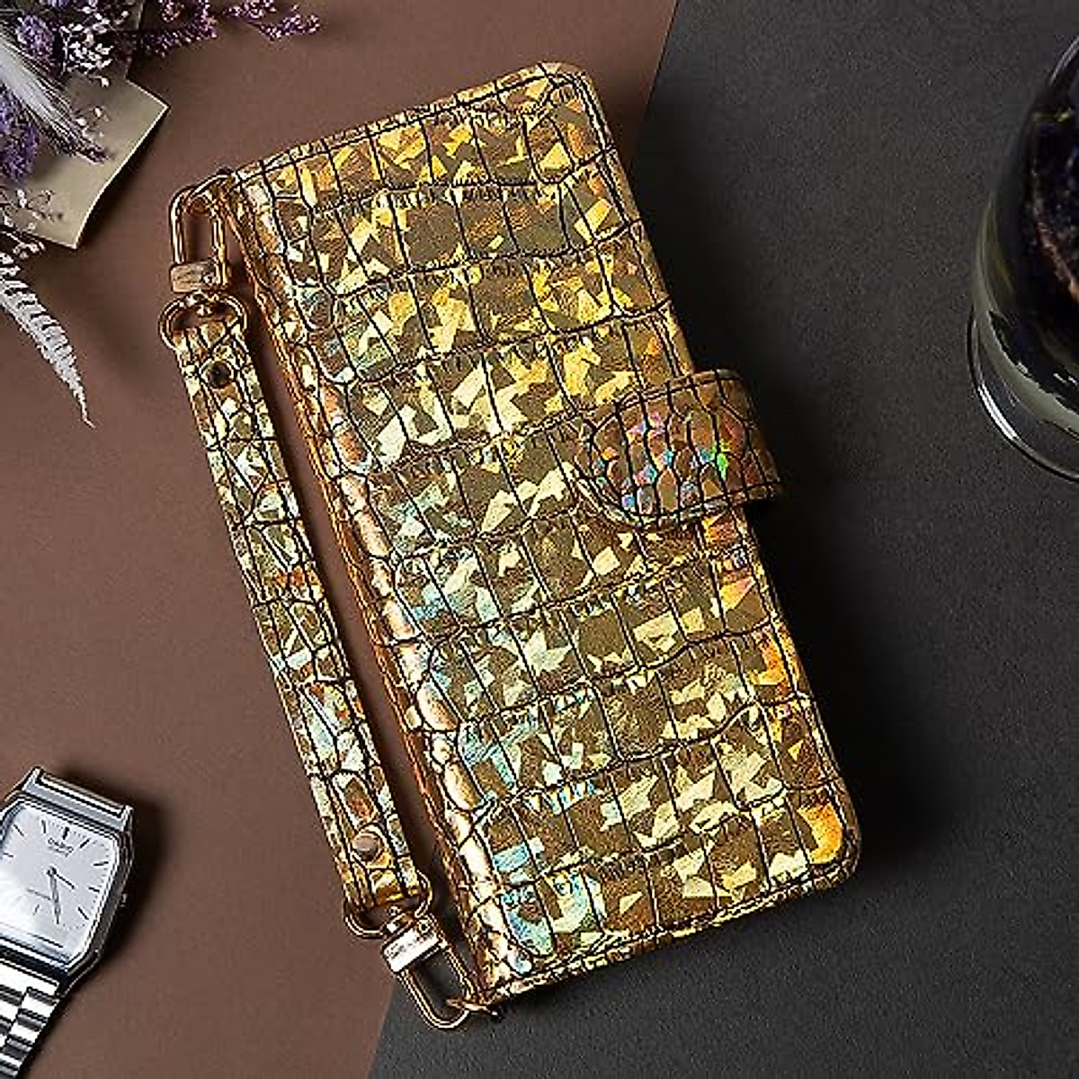 Qoosan Genuine Leather for Galaxy Z Fold 5 Case with Strap Card Holder Hinge Protection Wallet Case, Gold