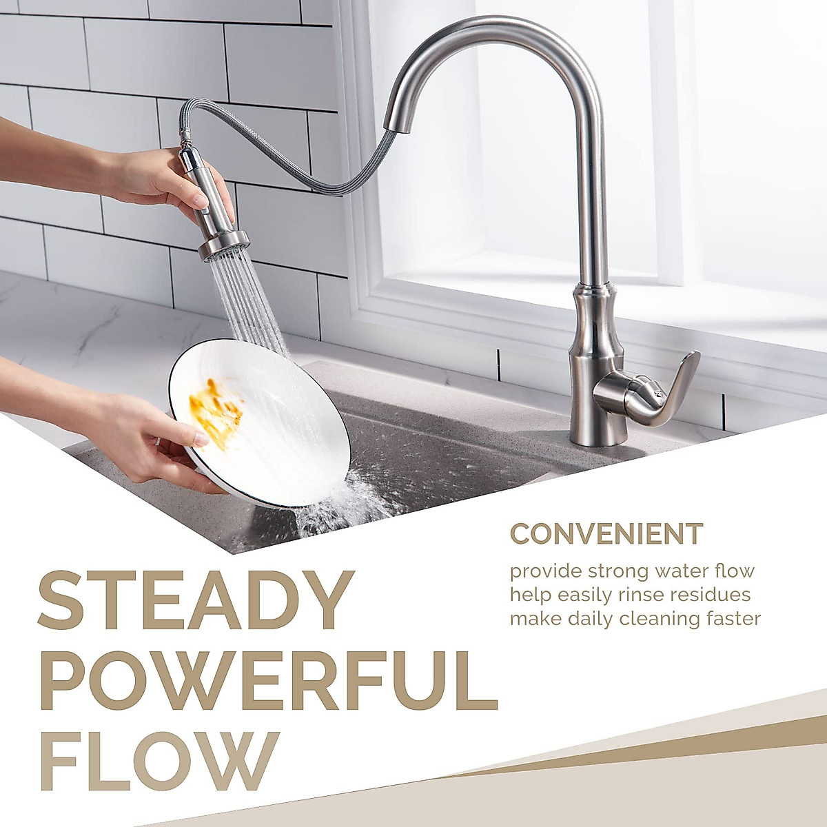 Kitchen Faucet Sprayer Head, Angle Simple Pull Out Sink Faucet Spray Head Nozzle Kitchen Pull Down Faucet Nozzle Spout Replacement Part 2 Functions, Brushed Nickel