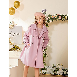 GRACE KARIN Kid Dress Coat Lapel Long Winter Pink Coats for Girls Size 8-10 Pockets Belt