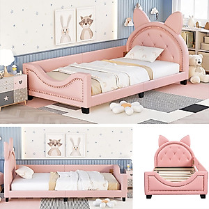 Cute Twin Size Upholstered Daybed, PU Leather Platform Bed with Carton Ears Shaped Headboard, Wooden Slat Supports Bed Frame for Kids, Girls, Boys, Child's Room, No Box Spring Needed (Pink)