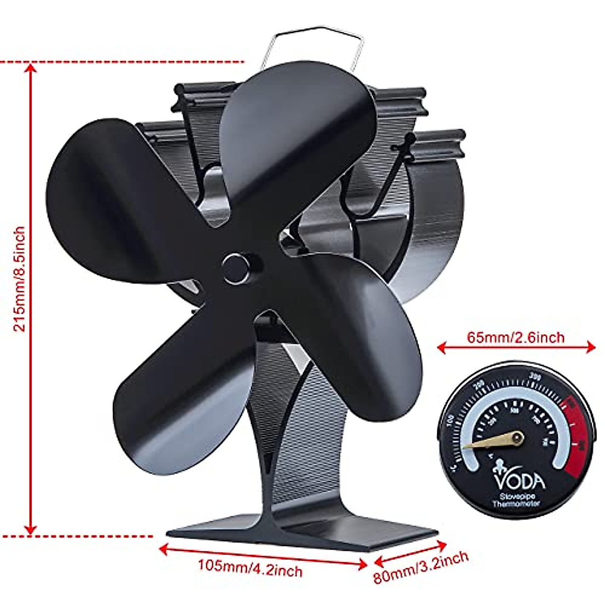 HAWCAFU Wood Stove Fan Heat Powered Stove Fan Fireplace Fan Log Burner Fan with Thermometer for Gas/Pellet/Log/Wood Buring Stove