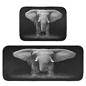 ALAZA Elephant Animal Black Non Slip Kitchen Floor Mat Set of 2 Piece Kitchen Rug 47 x 20 inches + 28 x 20 inches for Entryway Hallway Bathroom Living Roo