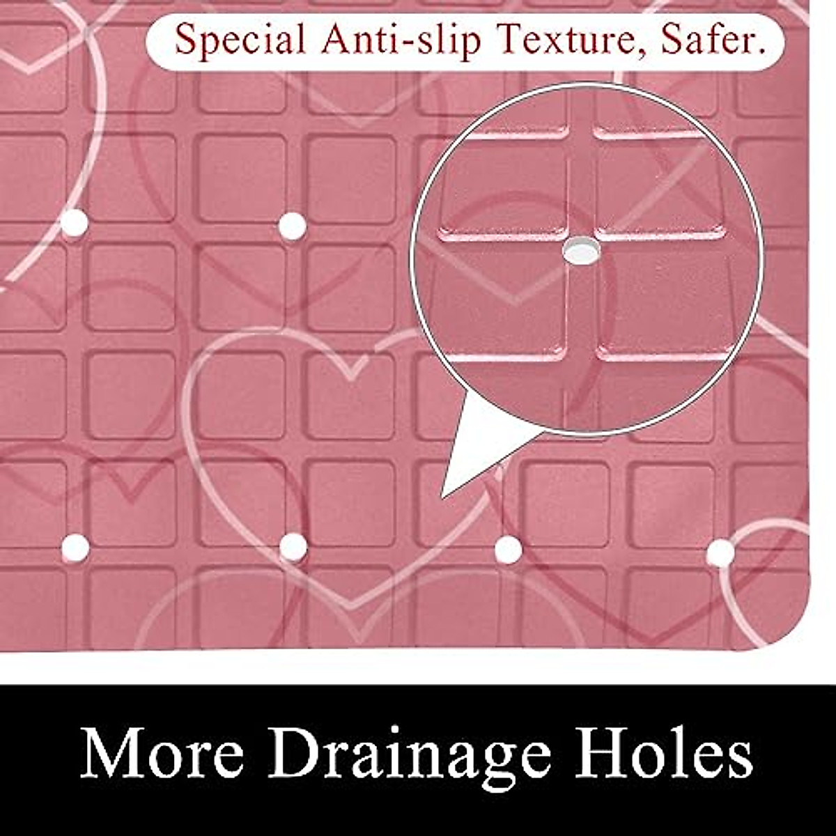 Bath Tub Shower Mat - Anti-Slip PVC Material 15.1x26.8 in, Gentle Cushioning Quick Drying Suction Cups Reliable Solution - Heart Pattern - Red Non-Slip Floor Mat