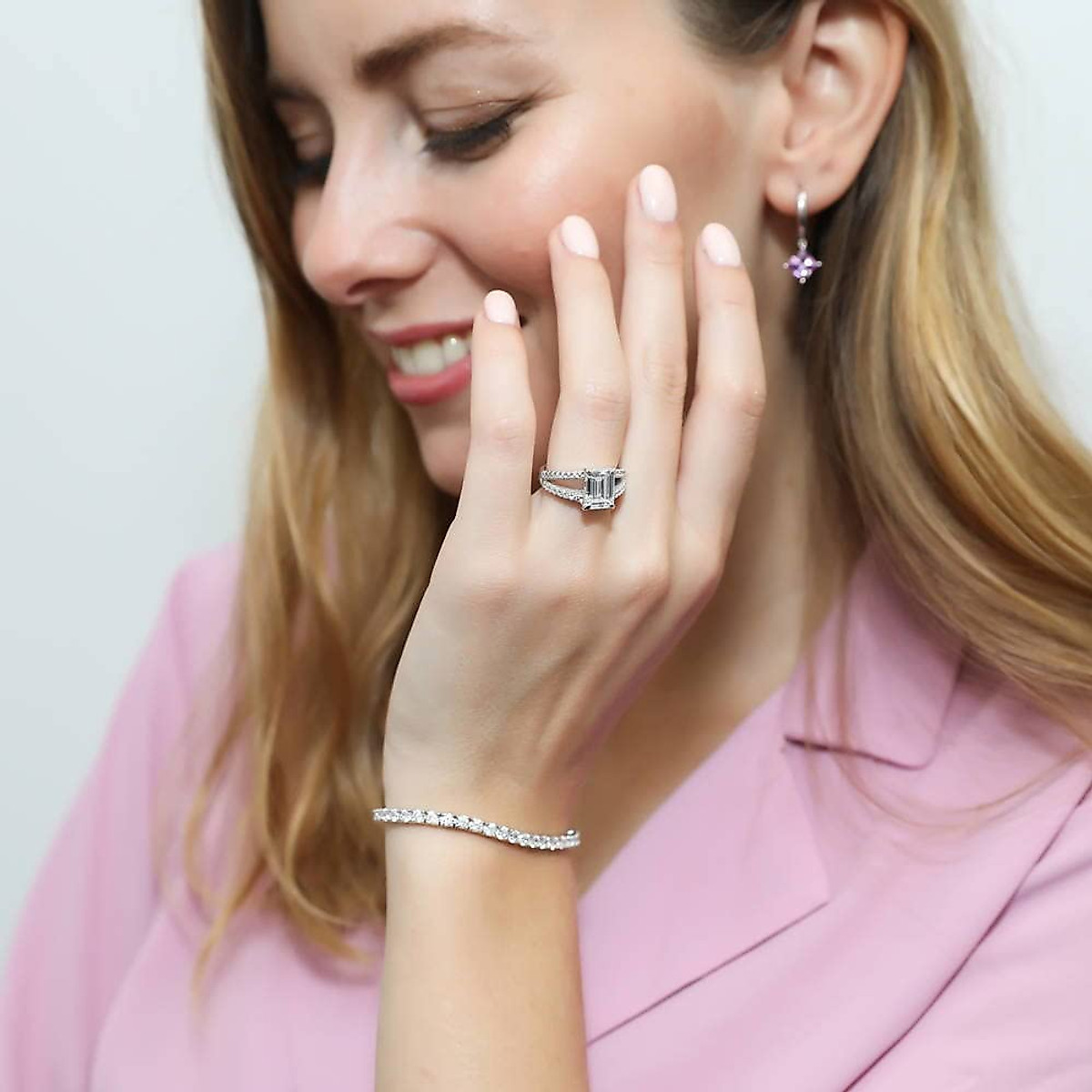 BERRICLE Sterling Silver Solitaire Wedding Engagement Rings 2.6 Carat Emerald Cut Cubic Zirconia CZ Cocktail Promise Split Shank Ring for Women, Rhodium Plated Size 7