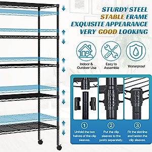 WYGMAV 5-Tier Shelf Metal Storage Rack Shelving Unit Adjustable Wire Shelving Unit Organizer Standing Shelf Units for Kitchen, Garage, Bathroom, Closet - Strong Steel Shelf with Wheels, Black