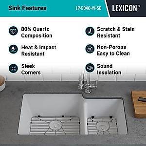 32" x 19" Quartz Kitchen Sink, 60/40 Double Bowl Sink, Drop-in Sink, Undermount Sink, Granite Kitchen Sink, White Kitchen Sink, Lexicon Platinum LP-6040-W-SO
