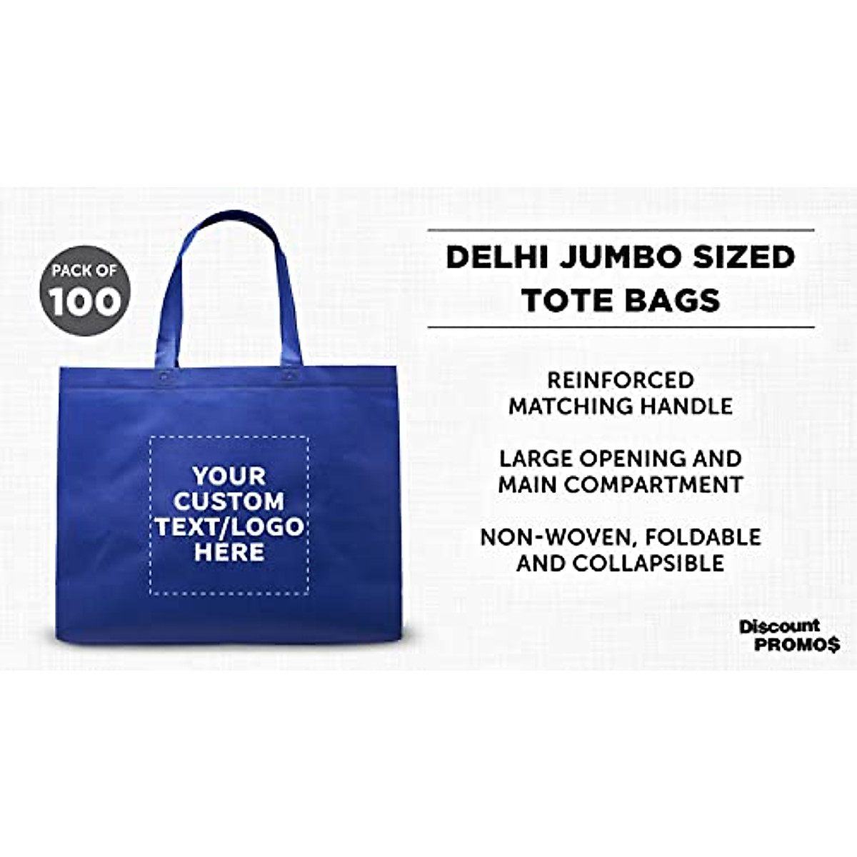 DISCOUNT PROMOS Custom Jumbo Sized Tote Bags Set of 100, Bulk Pack - Personalized Reusable Grocery Bags, Shopping Bags, Reusable Eco-Friendly Bags, Customized Promotional Item Totes for Women, Blue