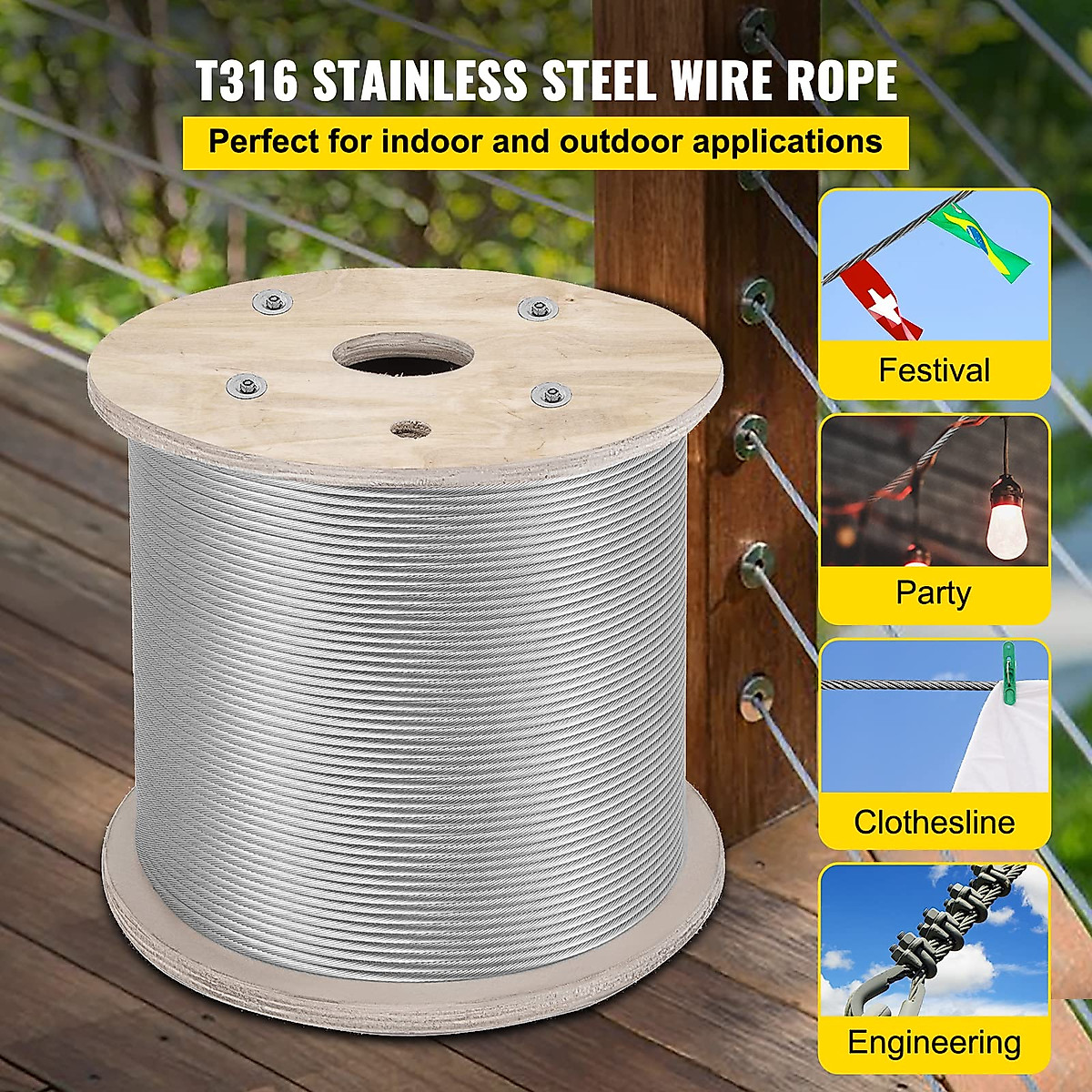 VEVOR Stainless Steel Cable Railing 1/8"x 500ft, Wire Rope 316 Marine Grade, Braided Aircraft Cable 1x19 Strands Construction for Deck Rail Balusters Stair Handrail Porch Fence