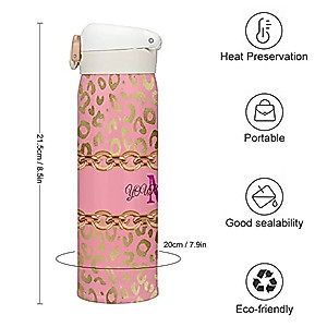 Custom Pink Gold Leopard Water Bottle Personalized Name Text Stainless Steel Sport Water Bottle Customized Double Wall Vacuum Insulated Cup Gift for Kids Women Men