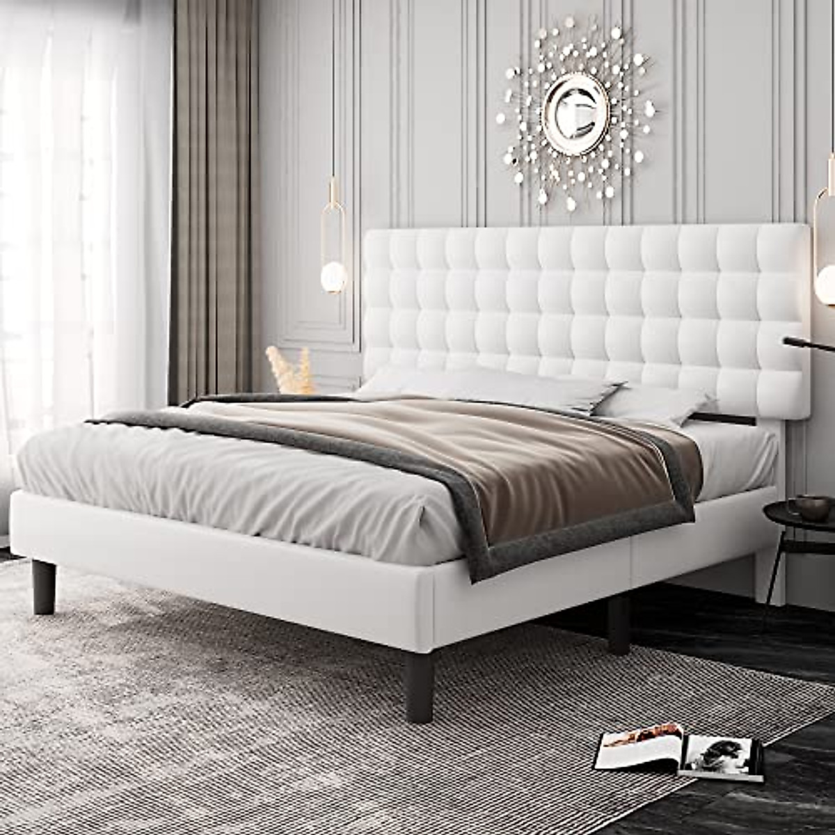 Feonase King Size Bed Frame with Square Stitched Headboard, Faux Leather Upholstered Platform Bed Frame, High-Density Sponge Filled, Solid Wood Slats, No Box Spring Needed, Noise-Free, White