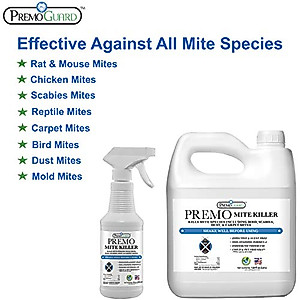 Mite Killer Spray by Premo Guard 128 oz – Treatment for Dust Spider Bird Rat Mouse Carpet and Scabies Mites – Fast Acting 100% Effective – Child & Pet Safe – Best Natural Extended Protection