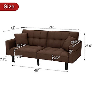 HOMHUM Convertible Sleeper Sofa Bed Modern Linen Fabric Couch Bed Futon Sofa Bed with 2 Pillows for Living Room, Apartment, Guest Room, Elegant Brown