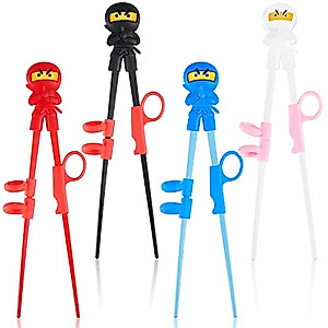 4 Pairs Ninja Training Chopsticks for Kids Adults Beginners Reusable Training Chopsticks with Silicone Chopstick Helper Japanese Cute Learning Chopsticks for right or Left Handed Trainer, 7 Inch