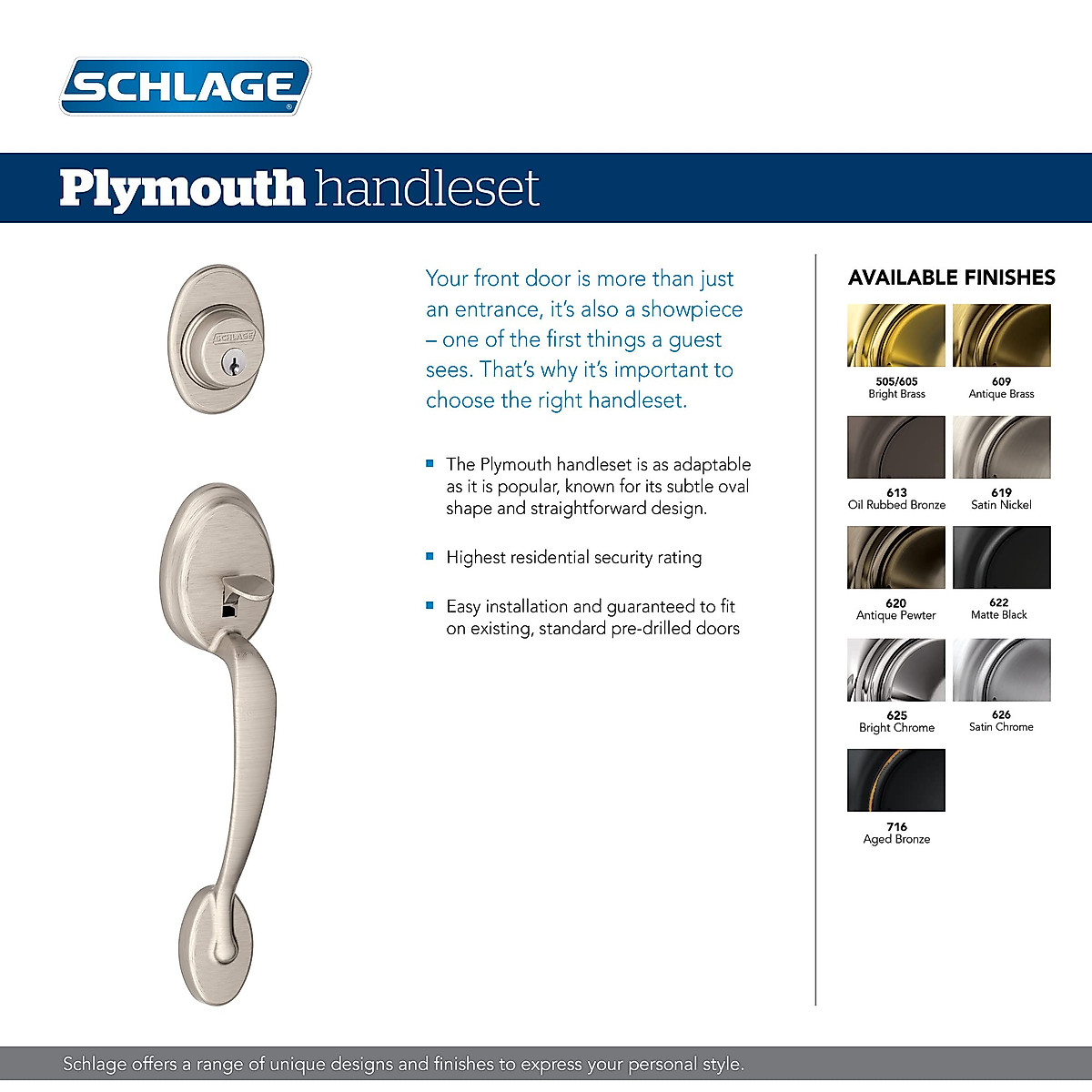 Schlage F60 V PLY 619 GEO Plymouth Front Entry Handleset with Georgian Knob, Deadbolt Keyed 1 Side, Satin Nickel