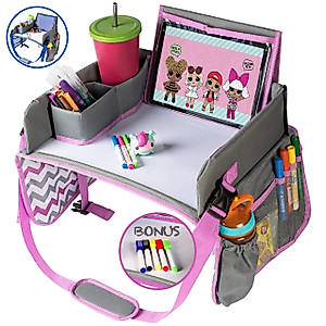 Kids Travel Tray, Car Seat Tray for Kids Travel with Dry Erase Board for Your Child's Rides and Flights, Travel Tray for Kids Car Seat, Kids Road Trip Essentials (Pink)