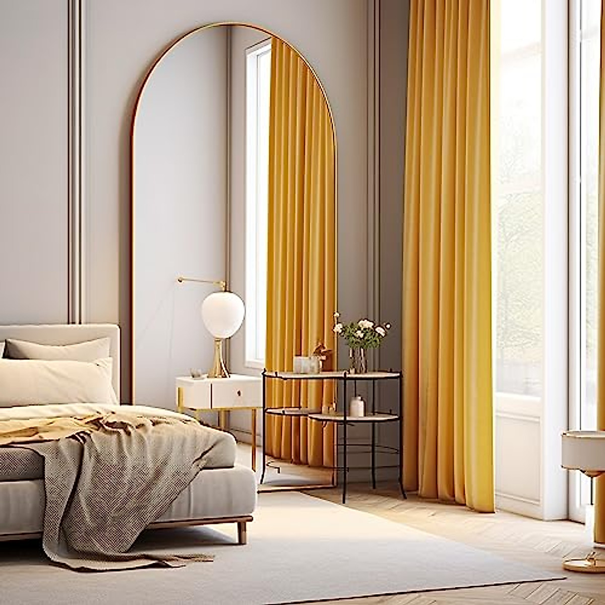 ABSWHLM 71"x32" Arched Mirror Full Length Large Mirror with Stand Aluminum Alloy Frame Floor Mirror for Living Room, Bedroom Hanging Standing or Leaning Wall-Mounted, Gold