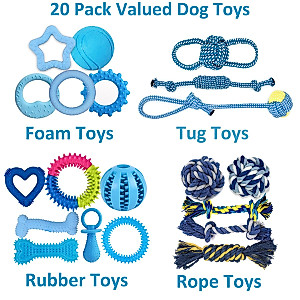 Beiker 20 Pack Puppy Chew Toys - Blue Dog Teething Toys for Puppies, Puppy Toys Teething Rings and Durable Ropes, Blue Rubber Toy Bundle for Small Dogs, Cute Interactive Dog Balls for Small Breed