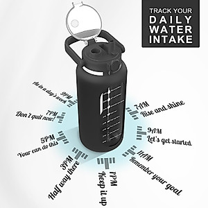 Dysco 64 oz Glass Water Bottles: Time Marker Half Gallon Motivational Water Bottle with Locking Lid and Silicone Sleeve - 2 Liter Large Water Jug Bottle for Gym, Sports, Workout (Black)